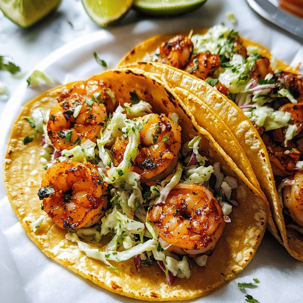 Spicy Shrimp Tacos with Garlic Cilantro Lime Slaw - Recipe Yumm